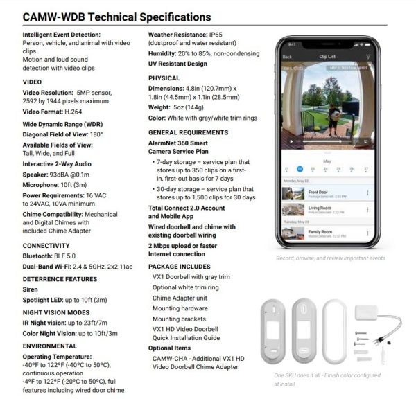 First Alert Pro by Resideo CAMW-WDB-VX1 HD Video Doorbell - Advanced ...
